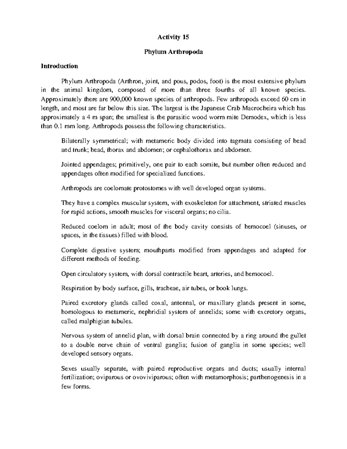 15-Phylum-Arthropoda - Activity 1 5 Phylum Arthropoda Introduction ...