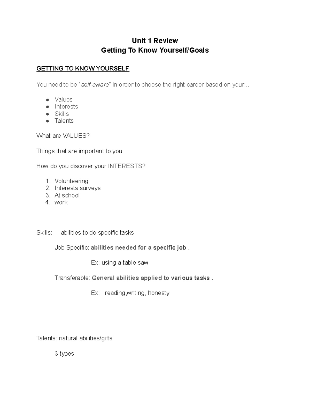 Unit 1 Review: Understanding Values, Skills, and Career Choices - Studocu