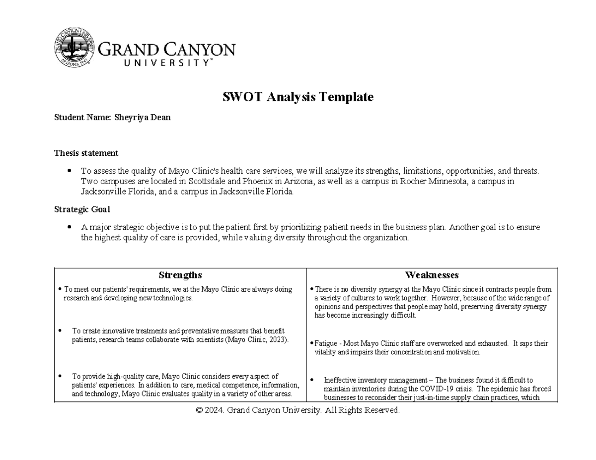 HCA-470-RS SWOT Analysis of Mayo Clinic's Healthcare Services - Studocu