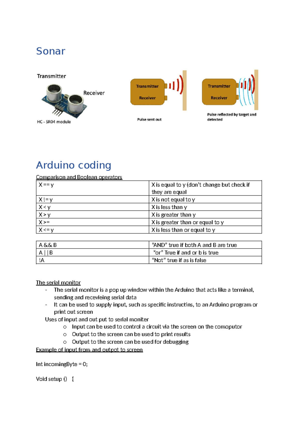 Arduino Coding: Sonar Comparison & Boolean Operators Overview - Studocu