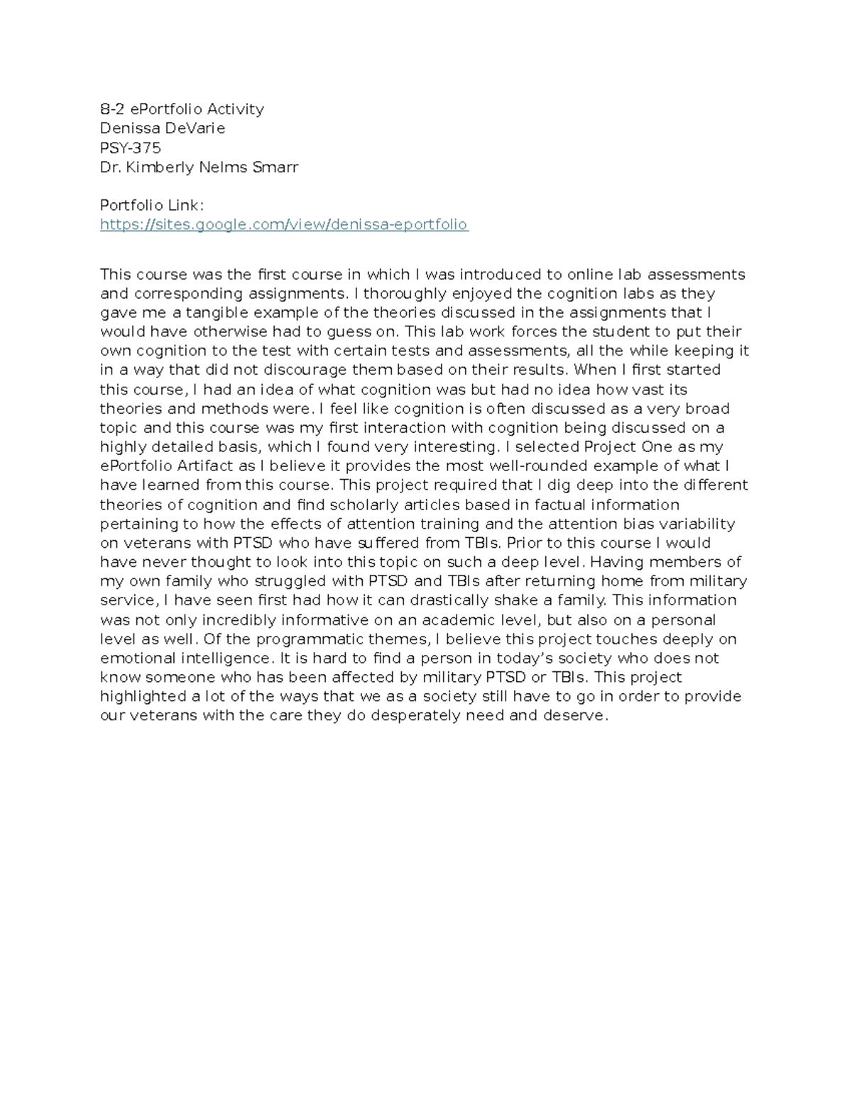 PSY- Finalized ePortfolio Reflection on Cognition and PTSD - Studocu