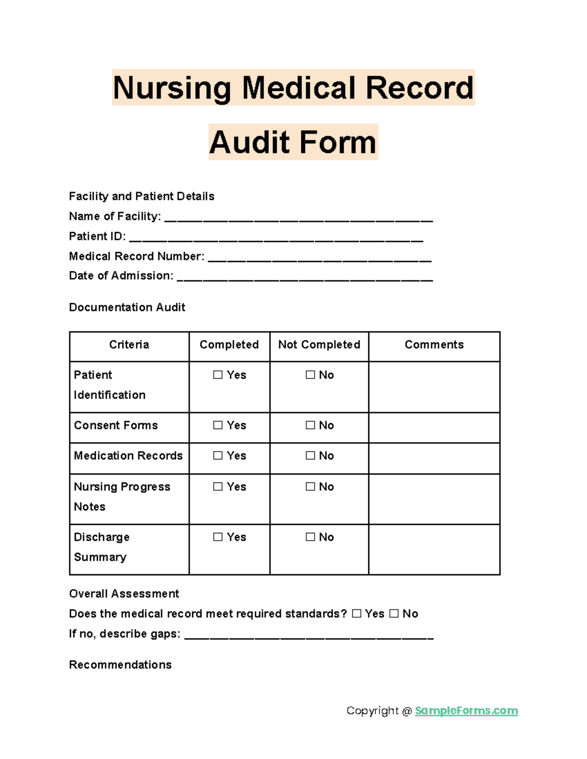 Nursing Medical Record Audit Form - Nursing Medical Record Audit Form Facility and Patient ...