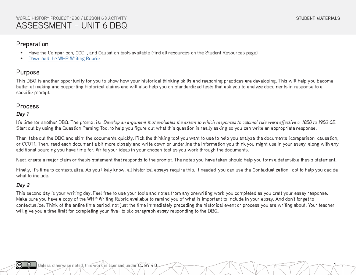WHP-1200 Unit 6 DBQ Assessment Guide and Writing Activities - Studocu