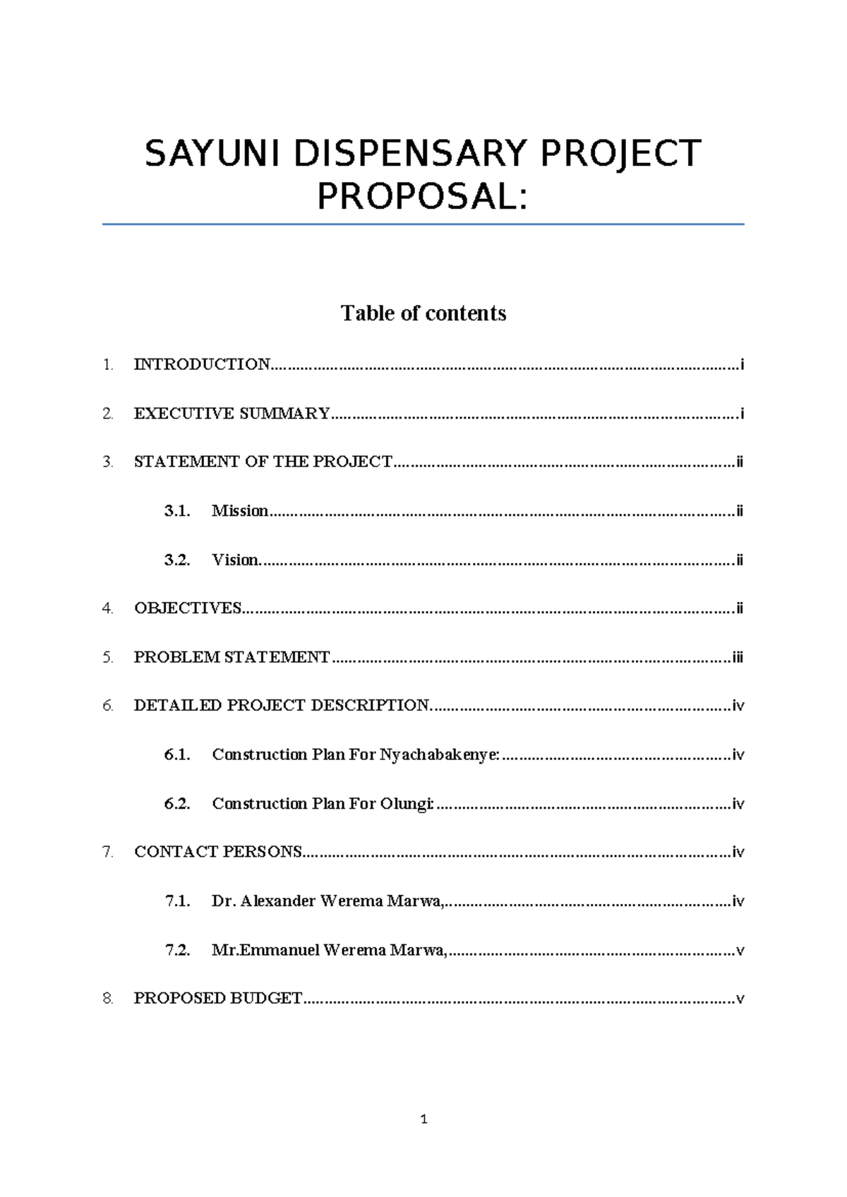 Health Project Proposal for Sayuni Dispensary (1-170112075344) - Studocu