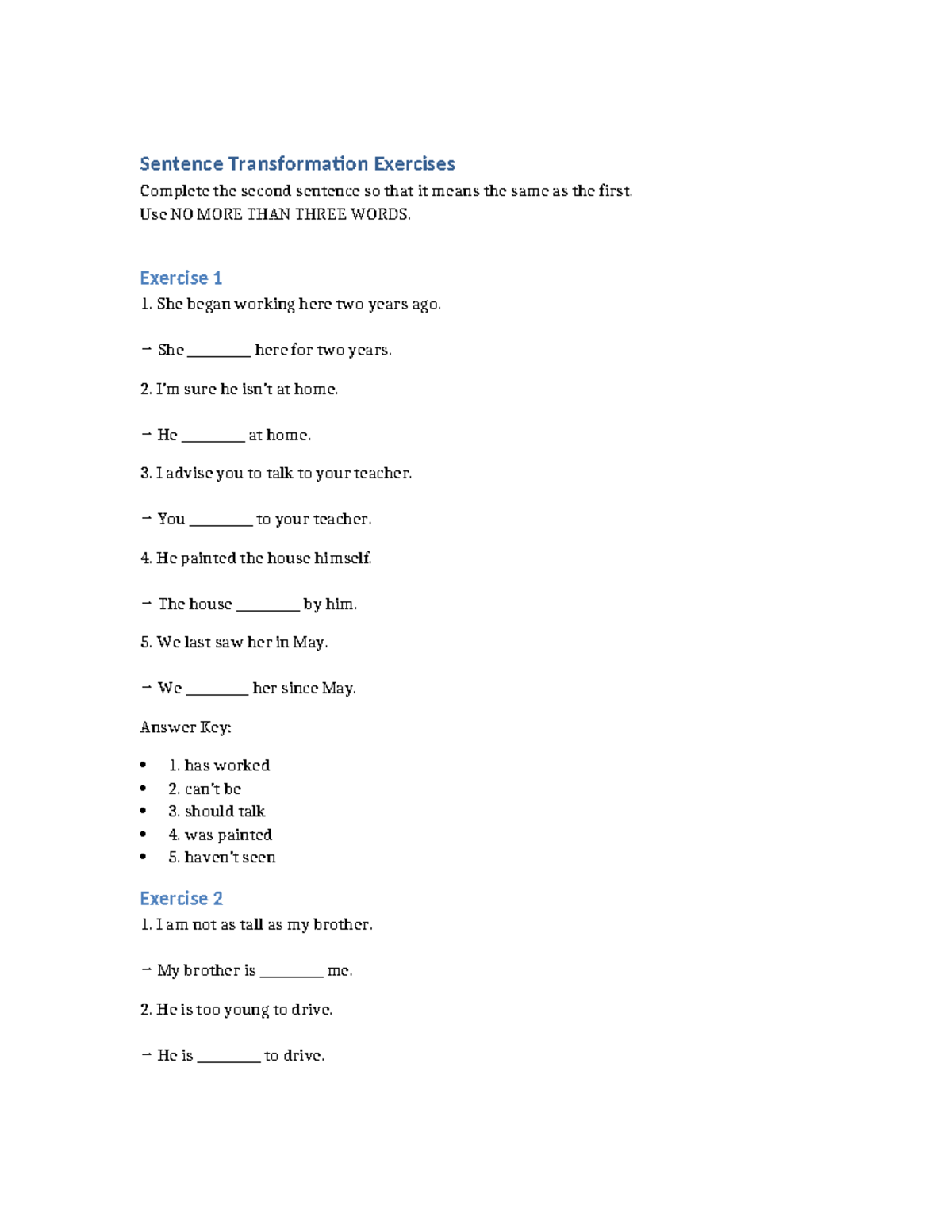 Sentence Transformation Exercises - Answers (ENG 101) - Studocu