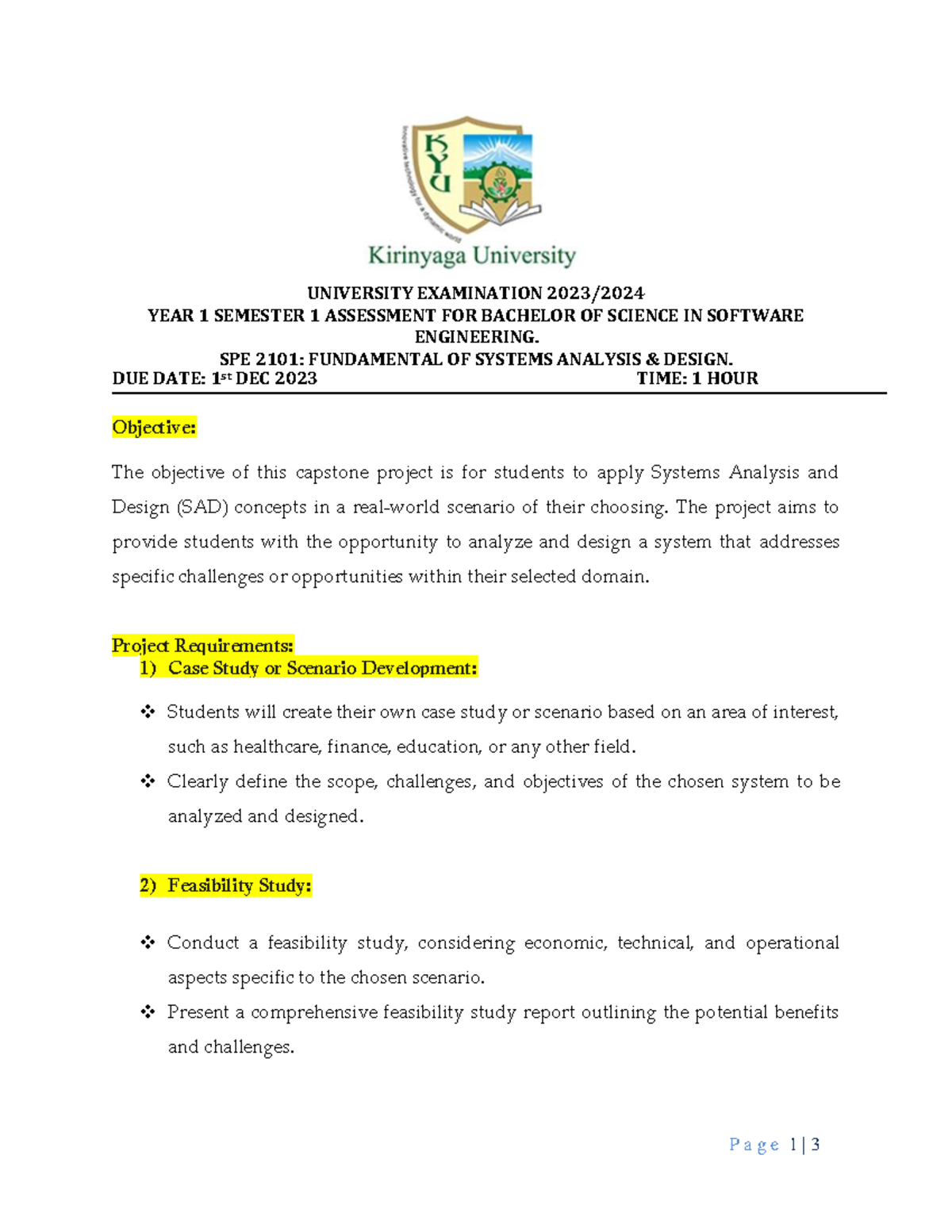 SPE 2101 Capstone Project: Systems Analysis & Design Assessment - Studocu