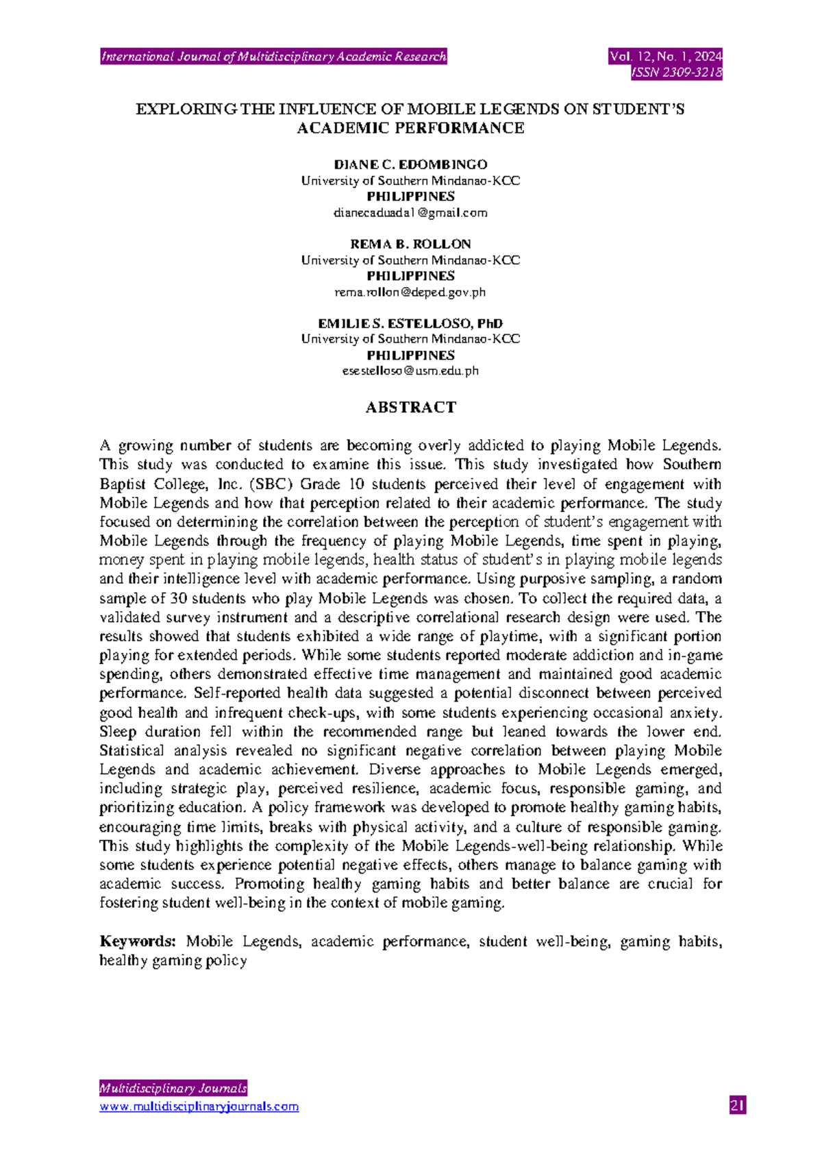 Exploring Mobile Legends' Impact on SBC Grade 10 Students' Academic ...