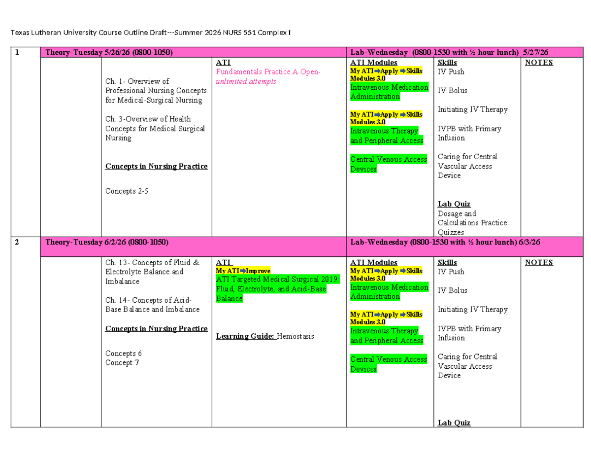Texas Lutheran University NURS 551 Complex I Weekly Schedule Overview ...
