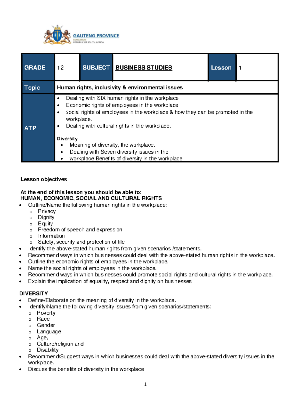 GRADE 12 BUSINESS STUDIES LESSON PLANS TERM 3: WEEKS 1-3 (2021) - Studocu