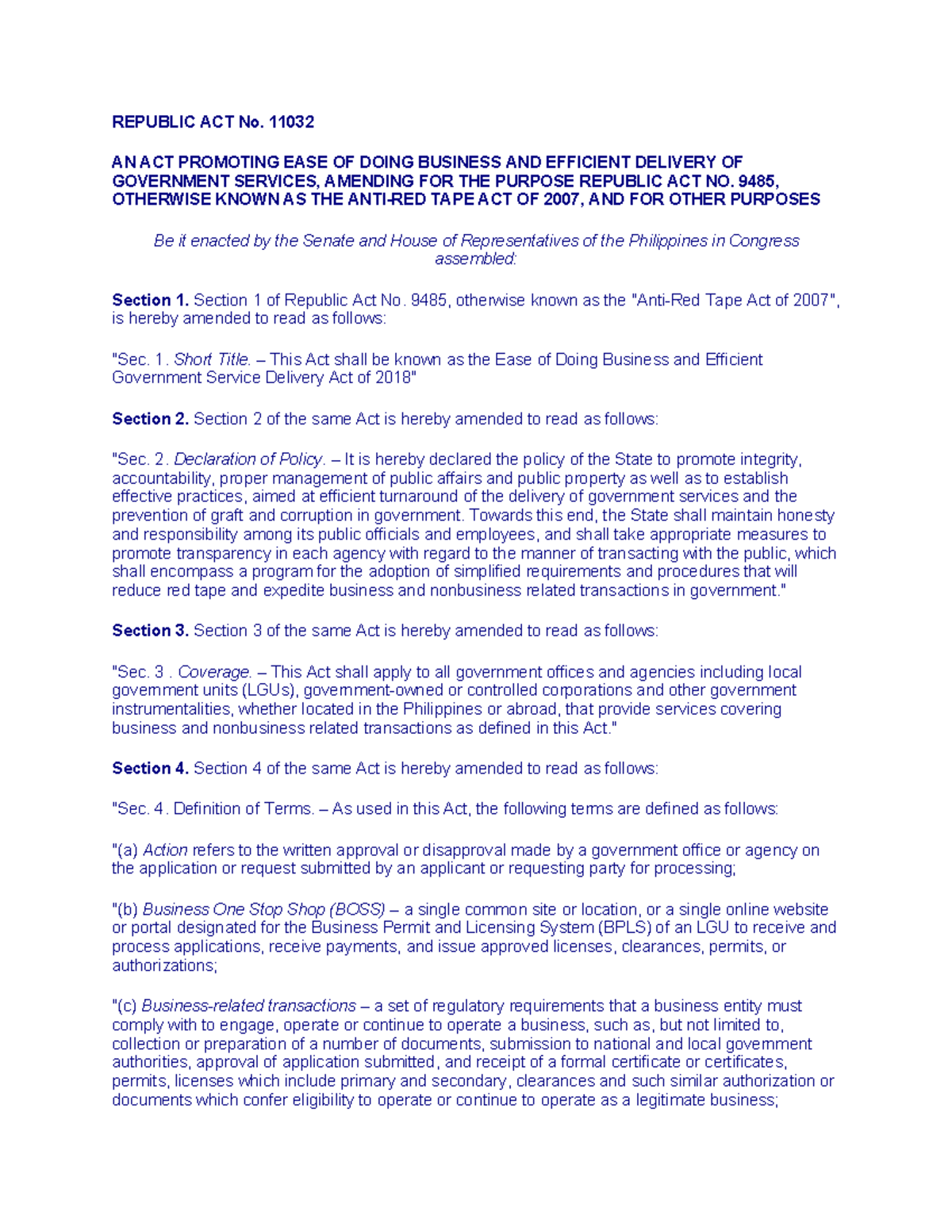 EODB - Republic Act No. 11032: Enhancing Ease of Doing Business - Studocu
