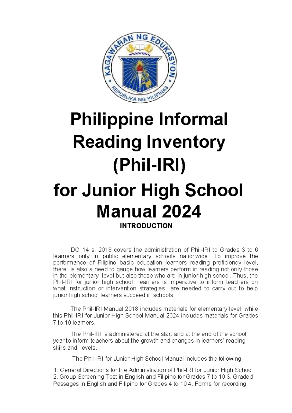 Phil IRI for JHS Manual 2024: Group Screening Test Guide - Studocu