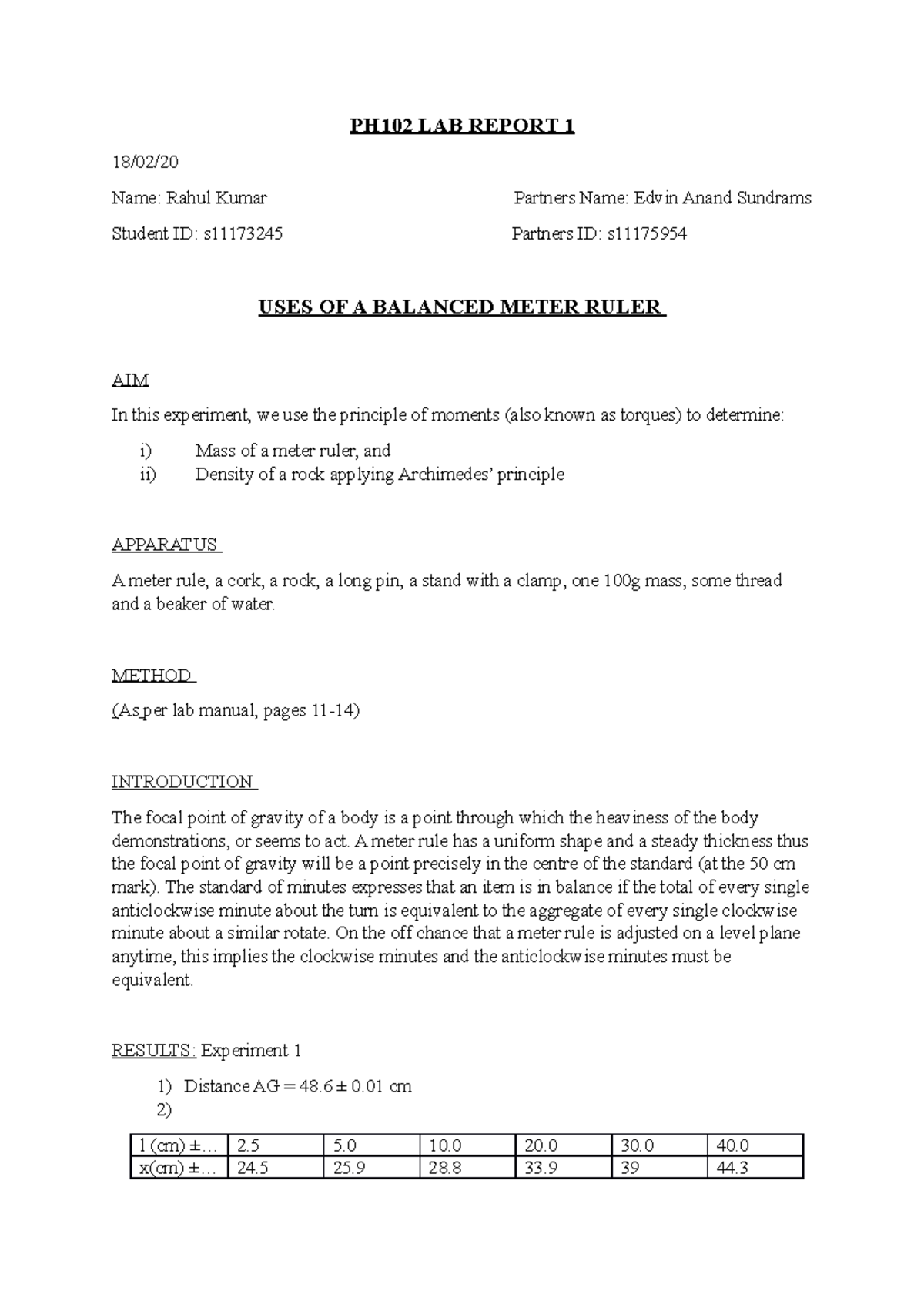 PH102 Lab Report 1: Uses of a Balanced Meter Ruler Experiment - Studocu