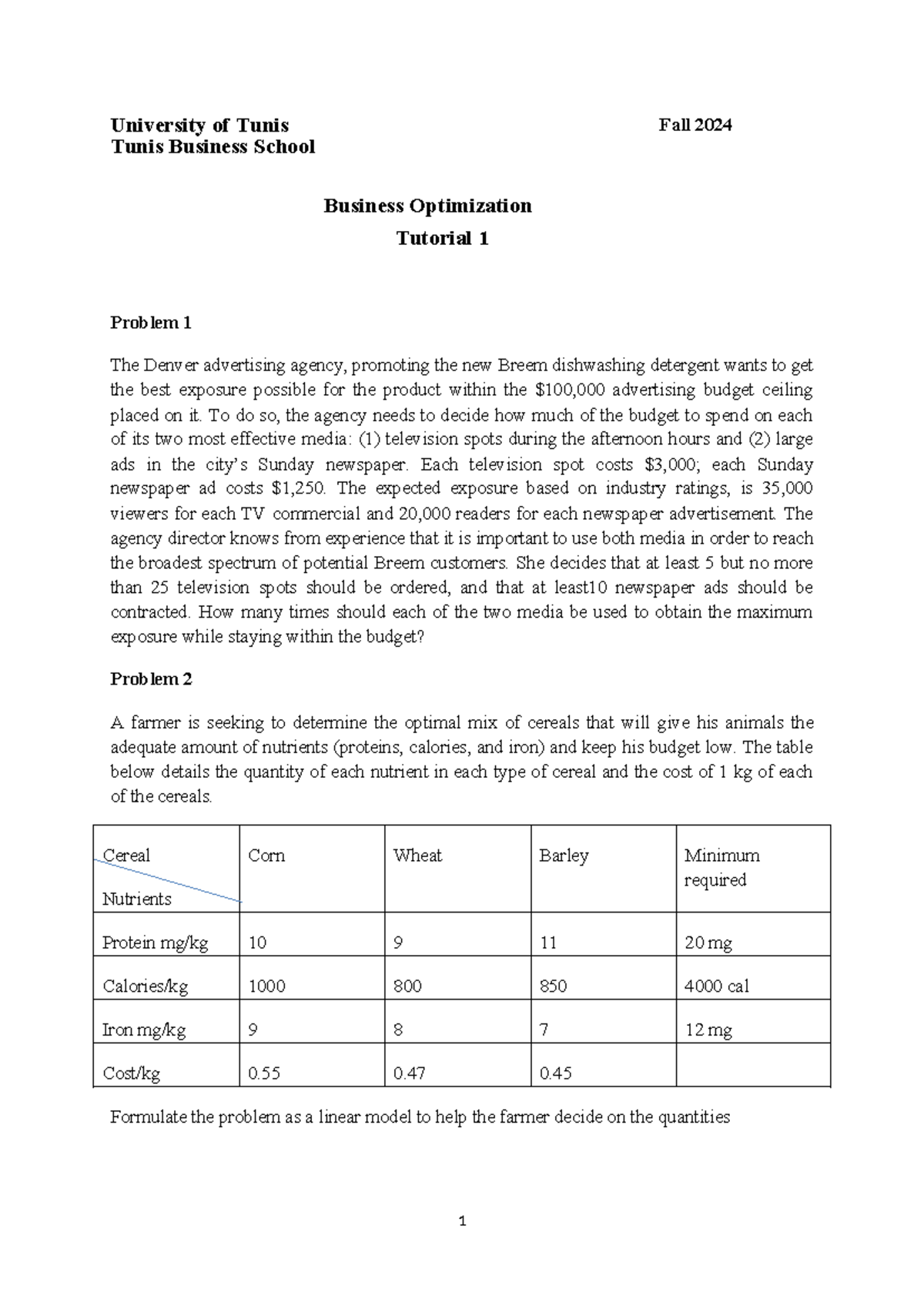 TBS Fall 2024 Business Optimization Tutorial 1: Linear Programming ...