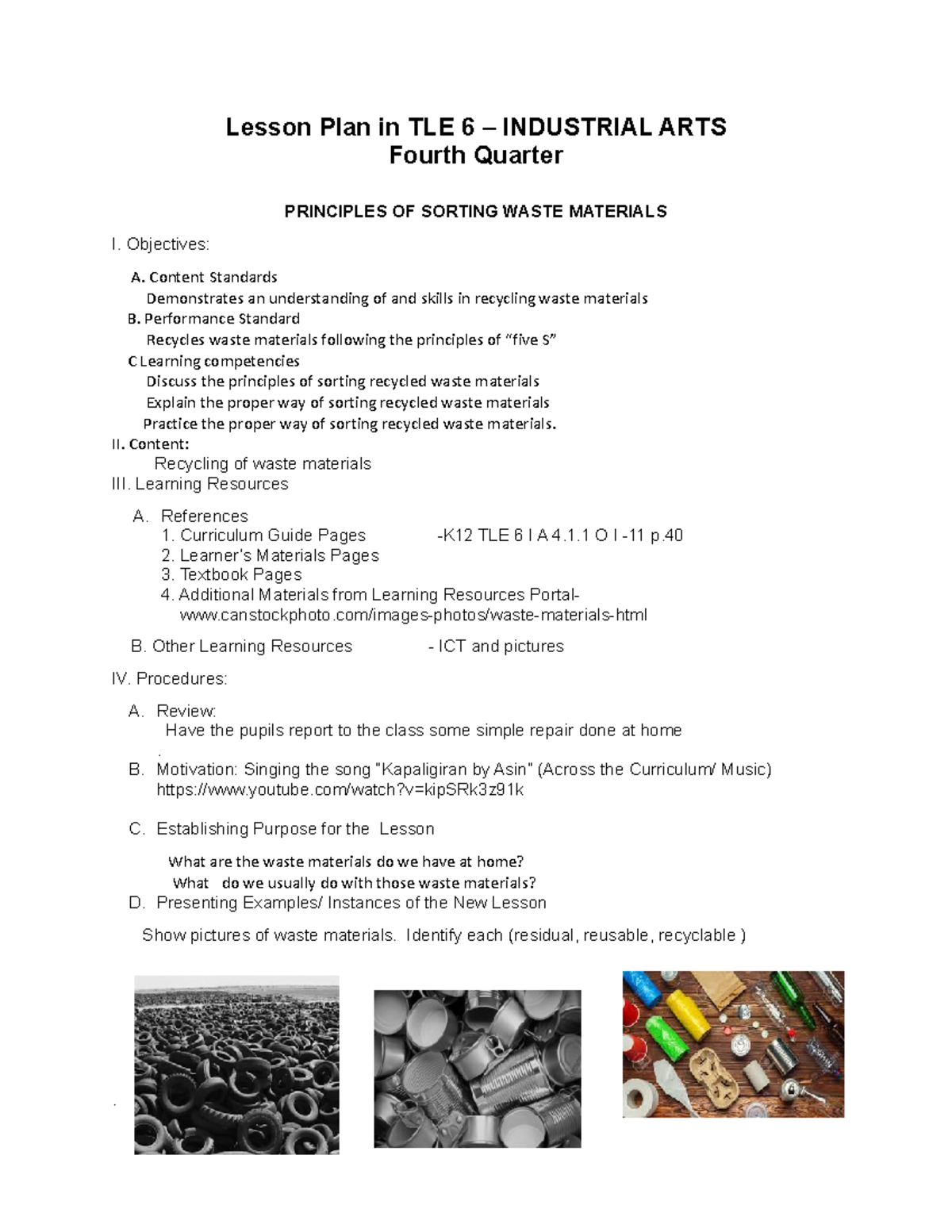 Lesson Plan in TLE 6: Waste Materials Sorting for COT 1 - Studocu