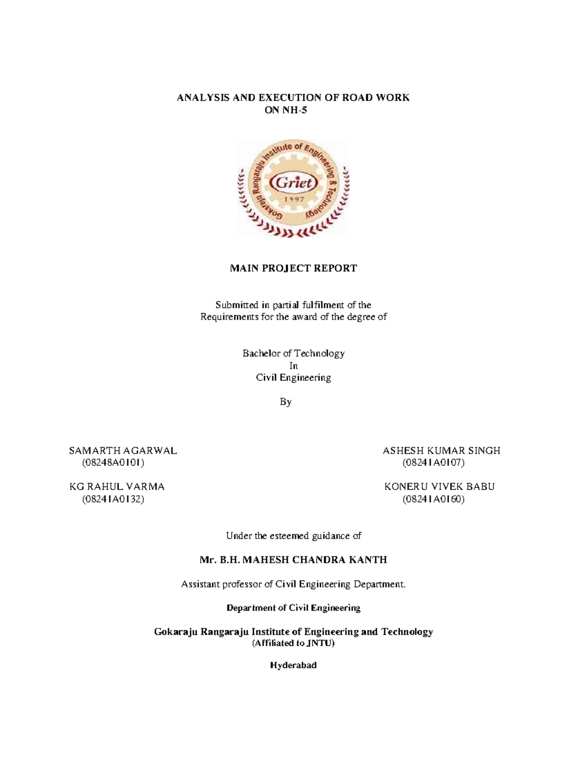 B.Tech Civil Engineering Project Report: Analysis & Execution of Road ...