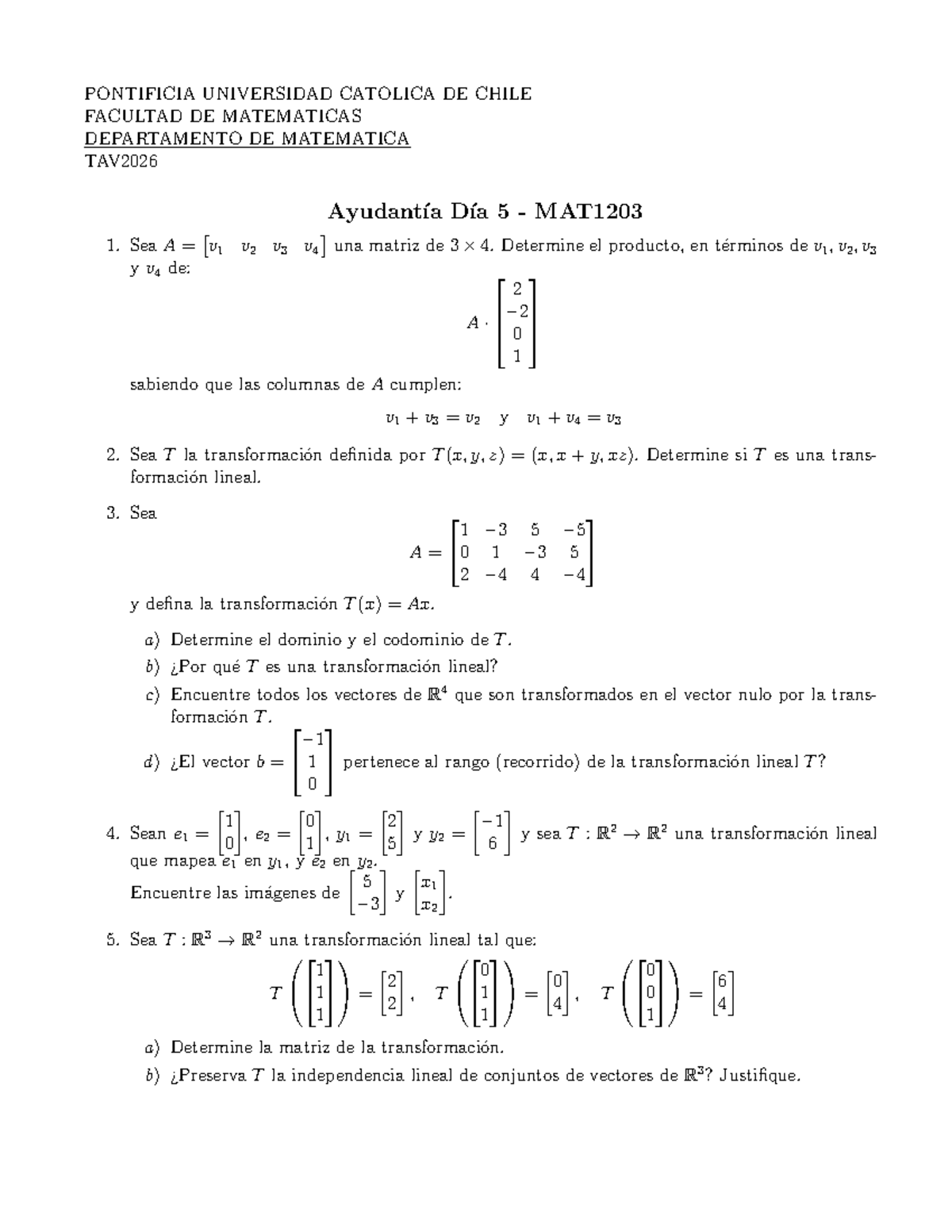 Ayudantía N° 5 MAT1203: Ejercicios de Álgebra Lineal - Studocu