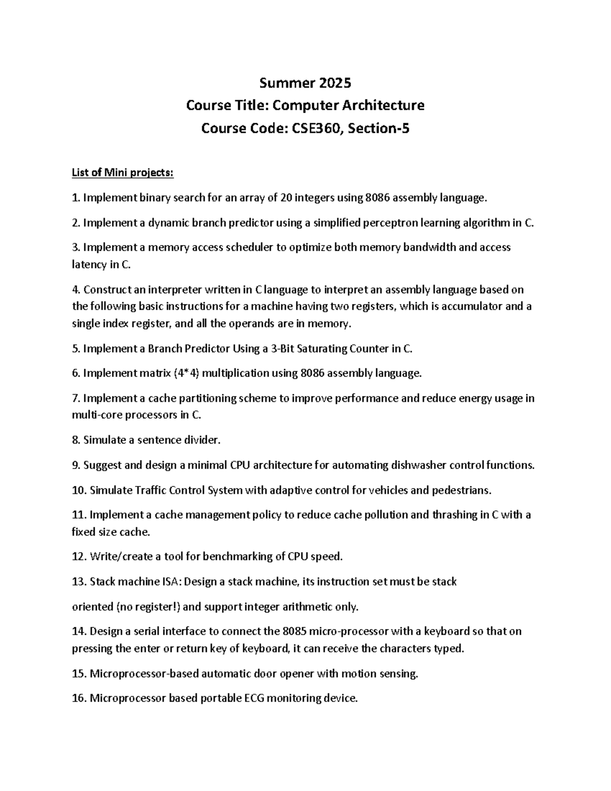 CSE360 Summer 2025 Mini Project List for Computer Architecture - Studocu