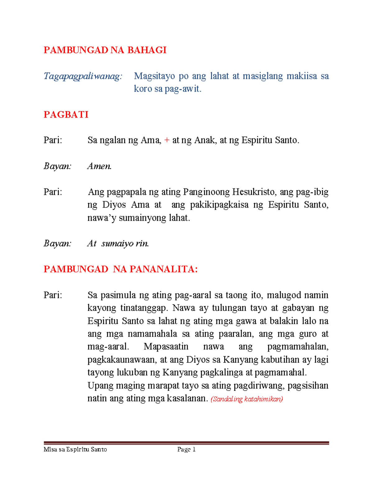 Misa ng Banal na Espiritu Santo (Tagalog) - Mga Rites at Pananalangin ...