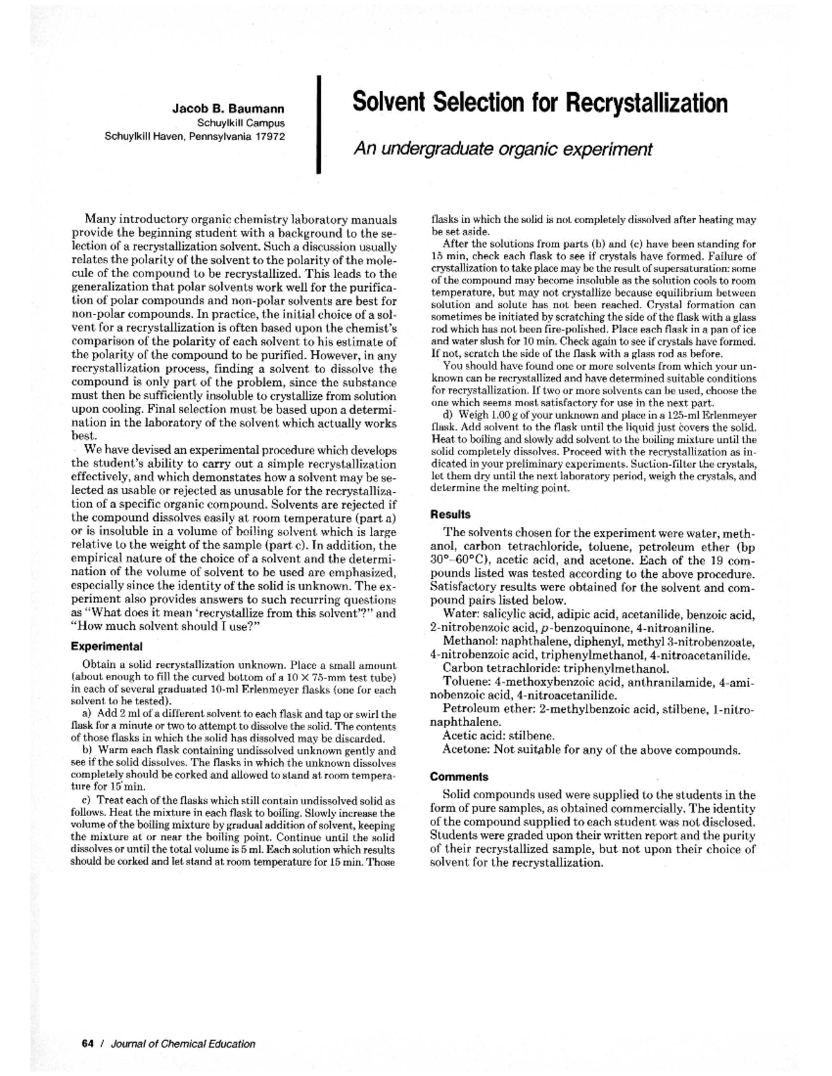 Exp 1 - Solvent Selection for Recrystallization - Many introductory ...