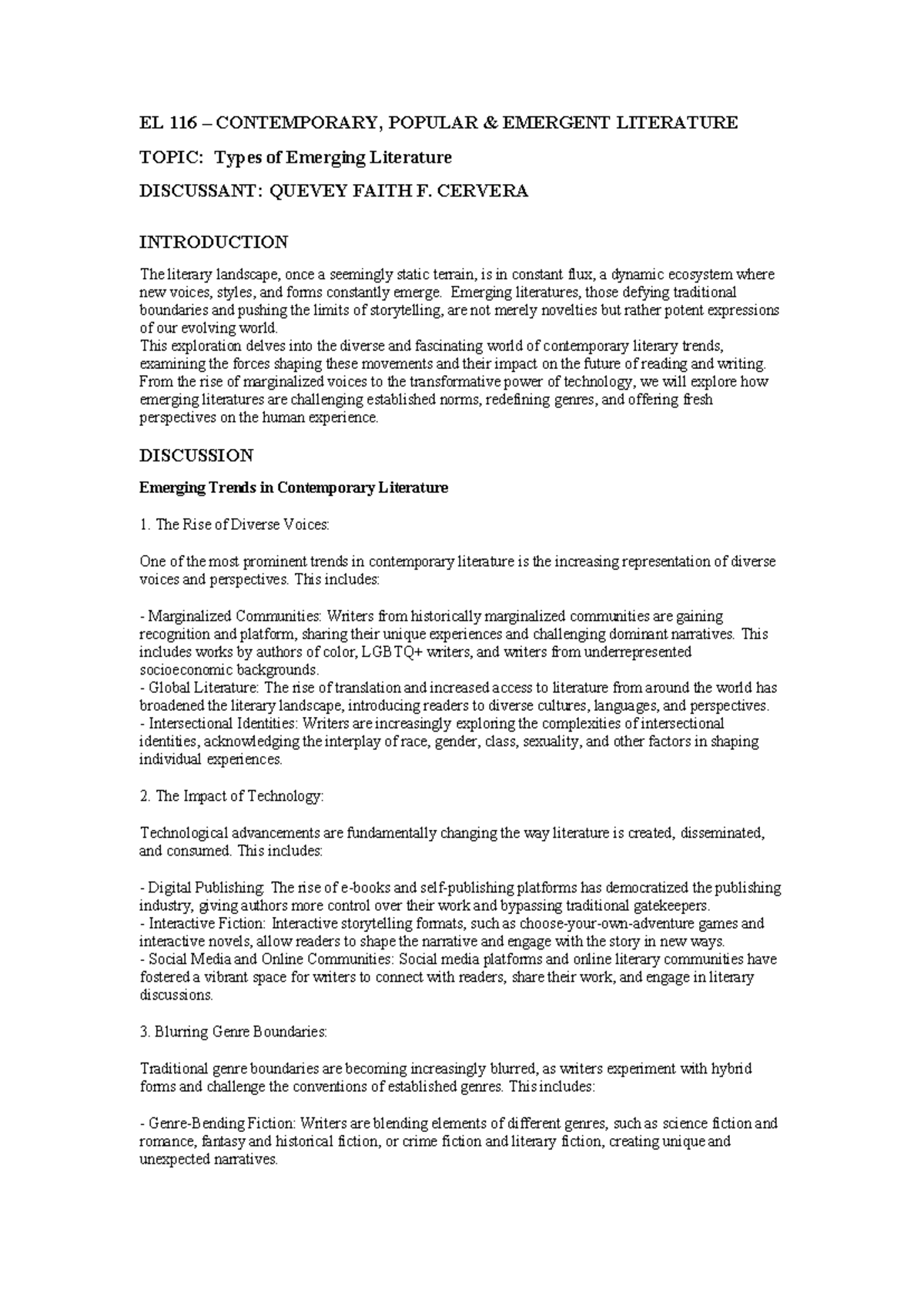 EL 116 - Contemporary Literature: Trends in Emerging Voices and Genres ...