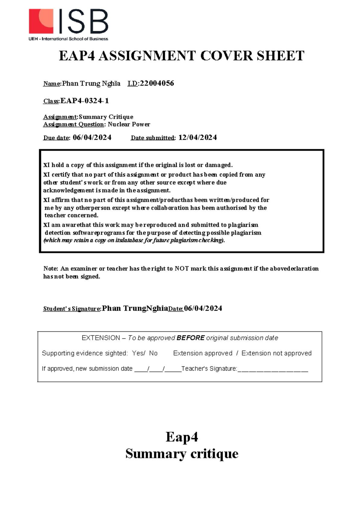 EAP4 Summary Critique Assignment Cover Sheet - Studocu