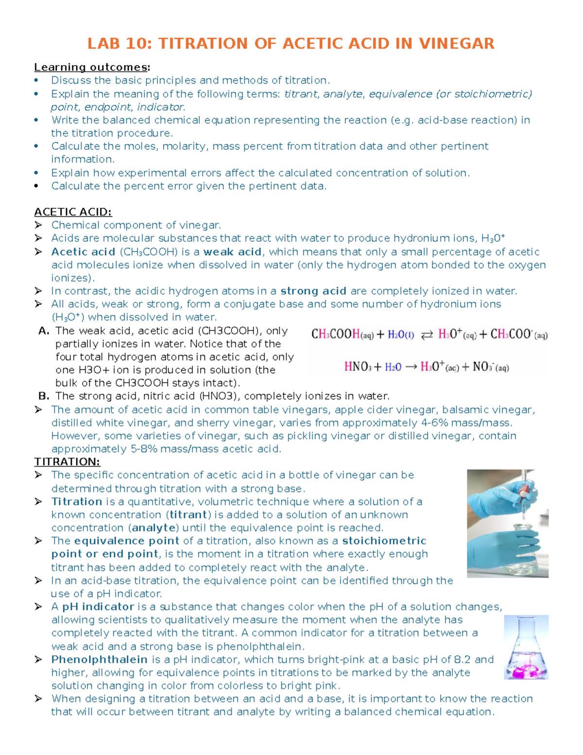 LAB 10- Titration of Acetic Acid in Vinegar (notes) - LAB 10: TITRATION ...