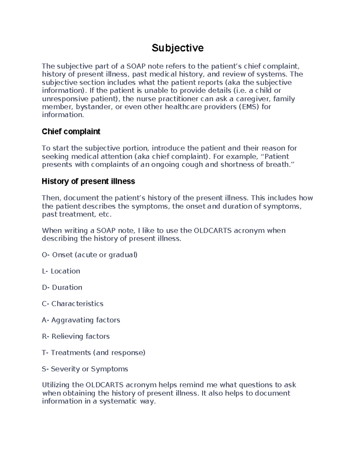 SOAP Note Guidelines: Subjective Section Overview for SOAP FLOW DC ...