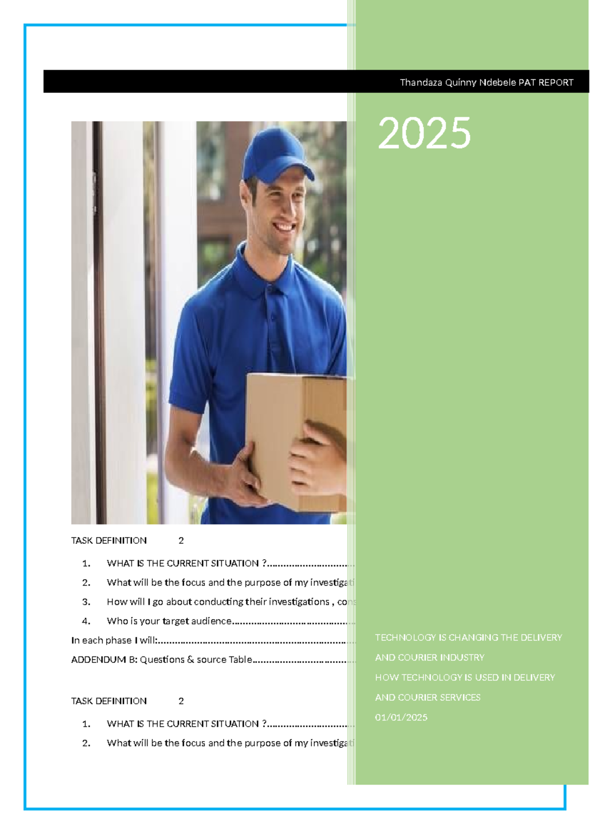 CAT Grade 11 PAT Report 2025: Technology in Delivery Services - Studocu