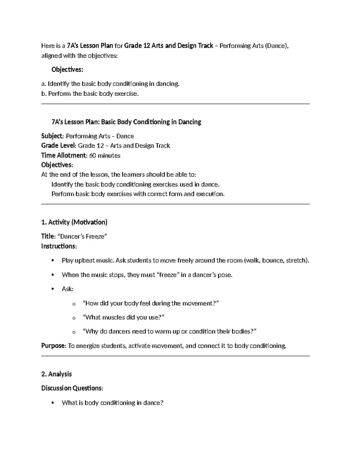 Grade 12 Arts & Design Track: Dance Body Conditioning Lesson Plan - Studocu