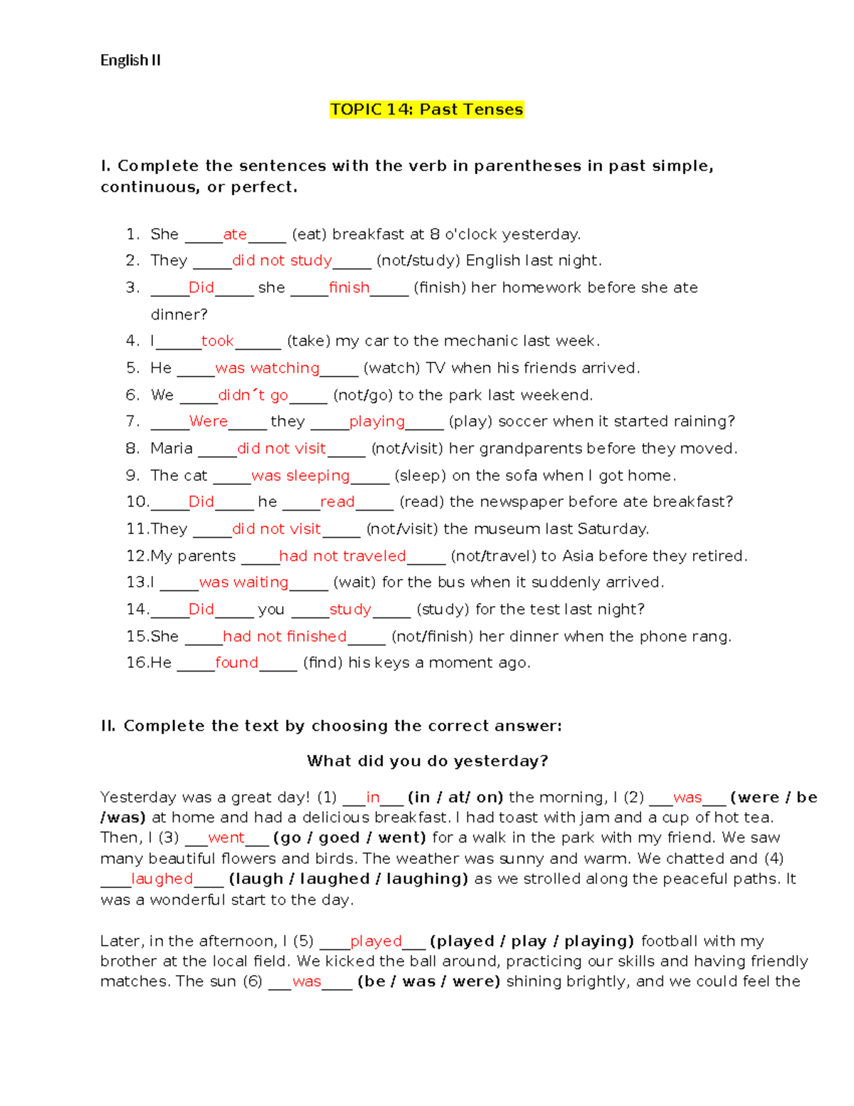 English II: Past Tenses Practice & Correction (TOPIC 14) - Studocu