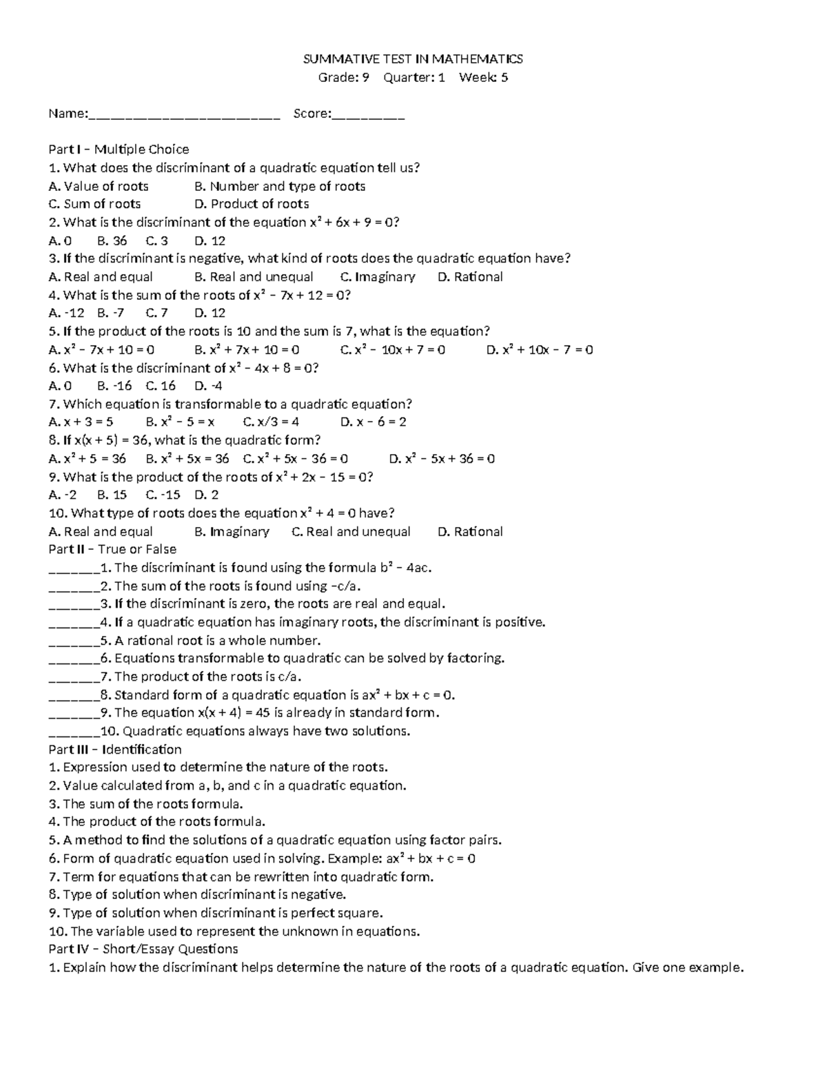 Bong 2nd Summative Test in Mathematics: Quadratic Equations - Studocu