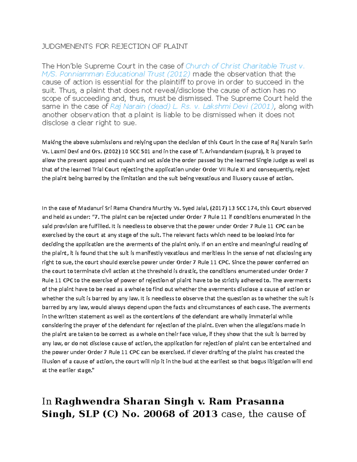Rejection of Plaint in Civil Suits: Key Judgments & Principles - Studocu