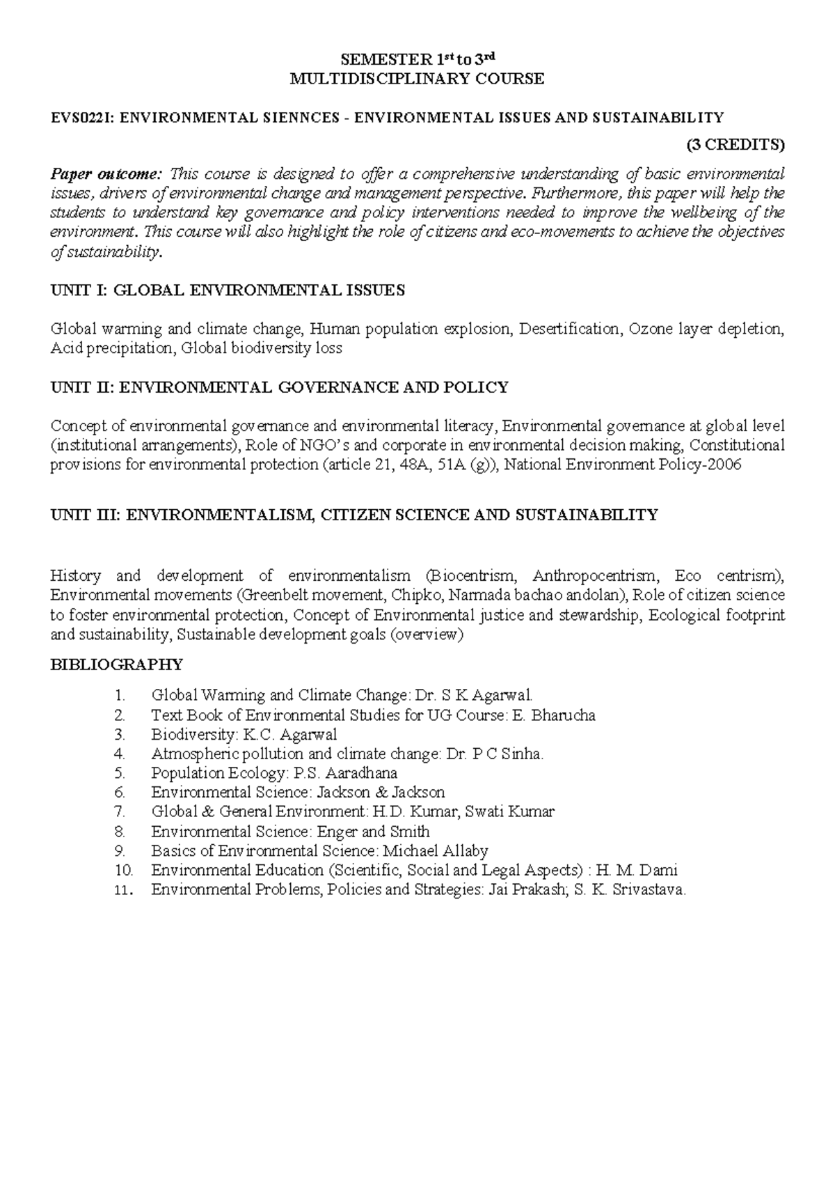 EVS022I: Environmental Sciences Syllabus - Issues & Sustainability ...