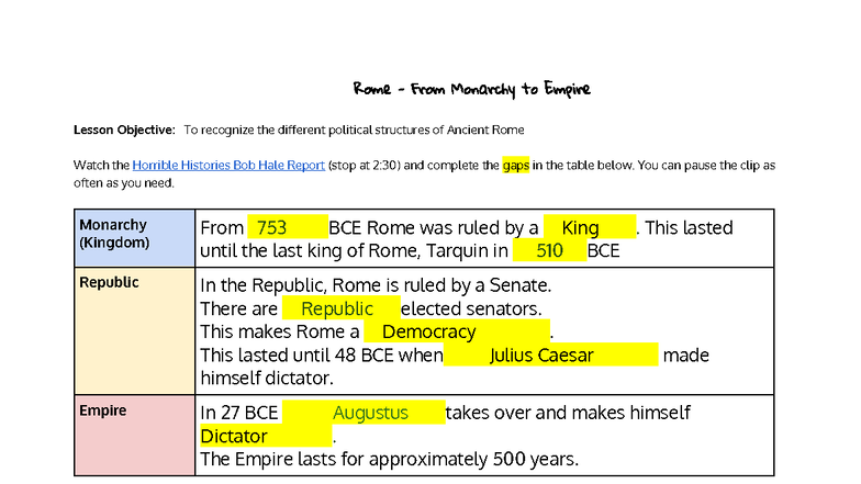 Rome: From Monarchy to Empire - Lesson Overview - Studocu