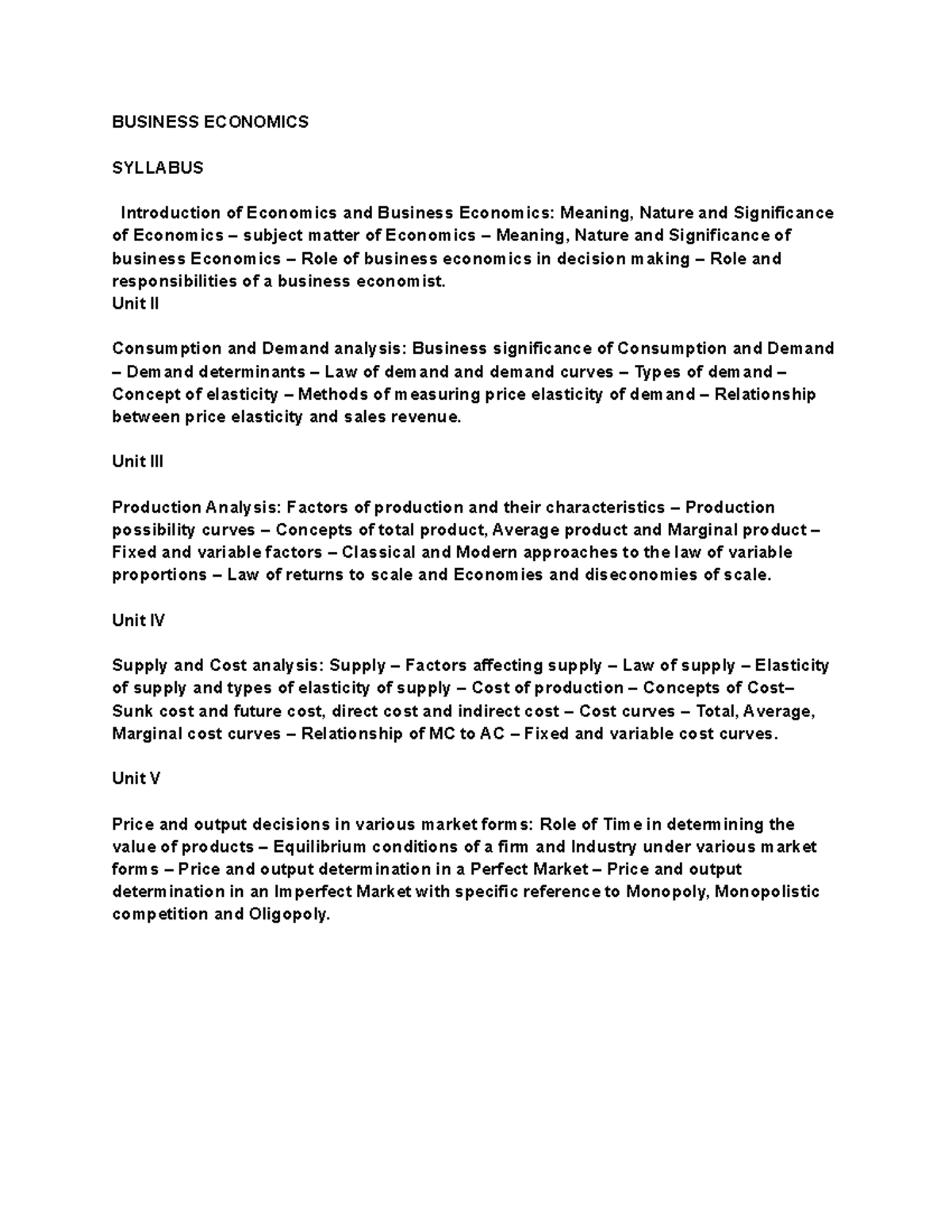 Business Economics Syllabus: Key Concepts and Analysis - Studocu