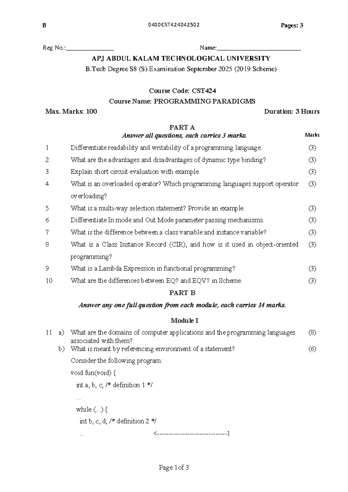 CST424 Programming Paradigms - S8 Exam Question Paper September 2025 ...