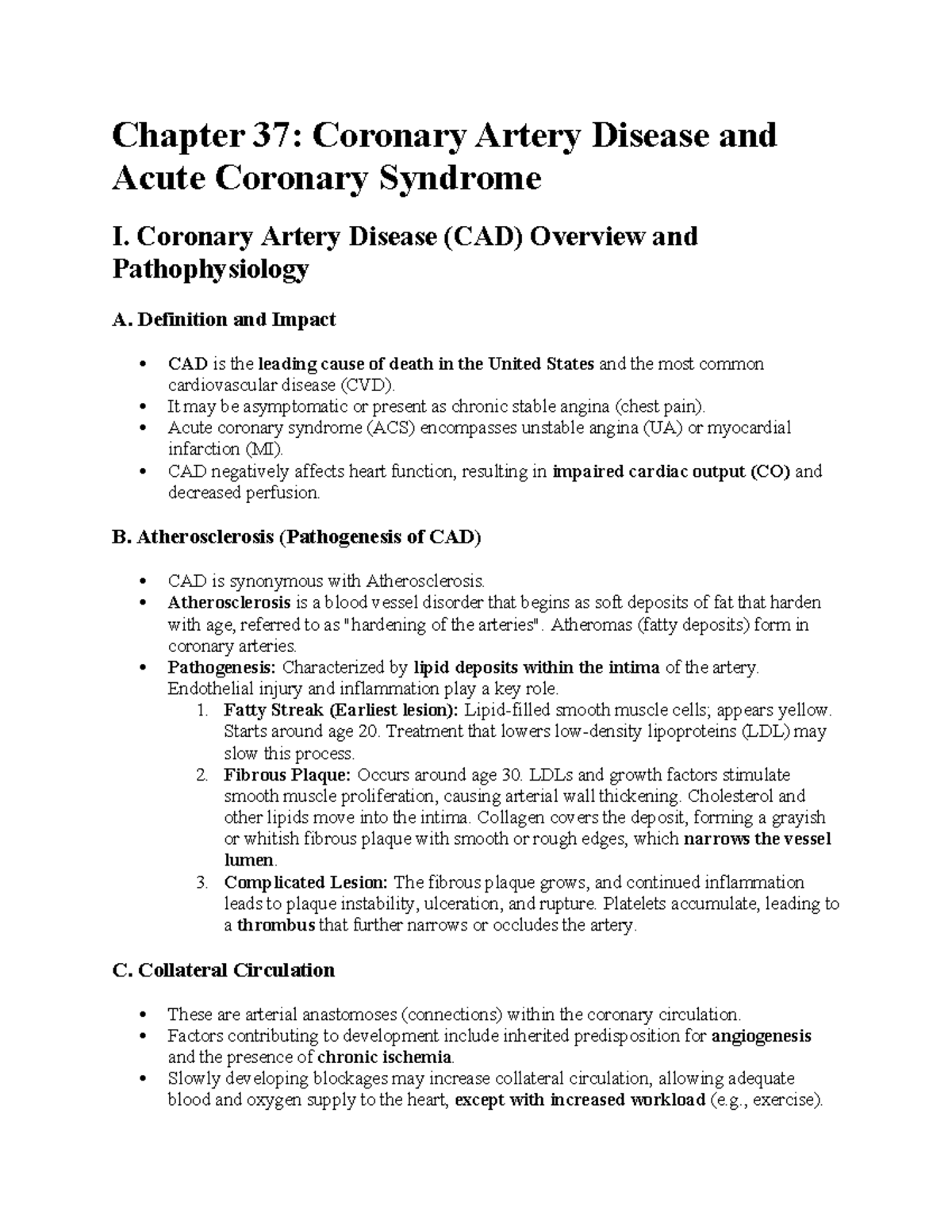 Chapter 37: Coronary Artery Disease & Acute Coronary Syndrome Overview ...