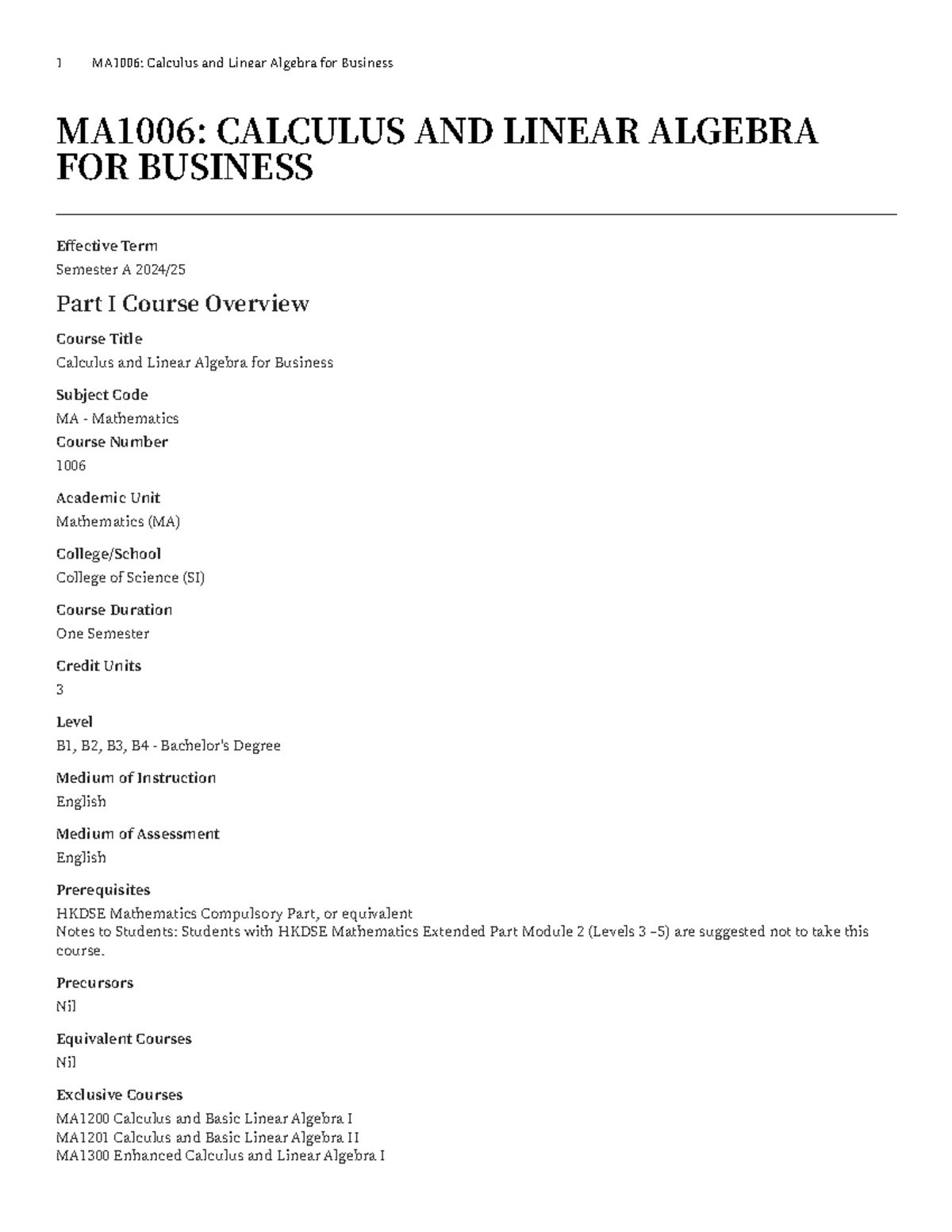 MA1006: Course Outline for Calculus and Linear Algebra in Business ...