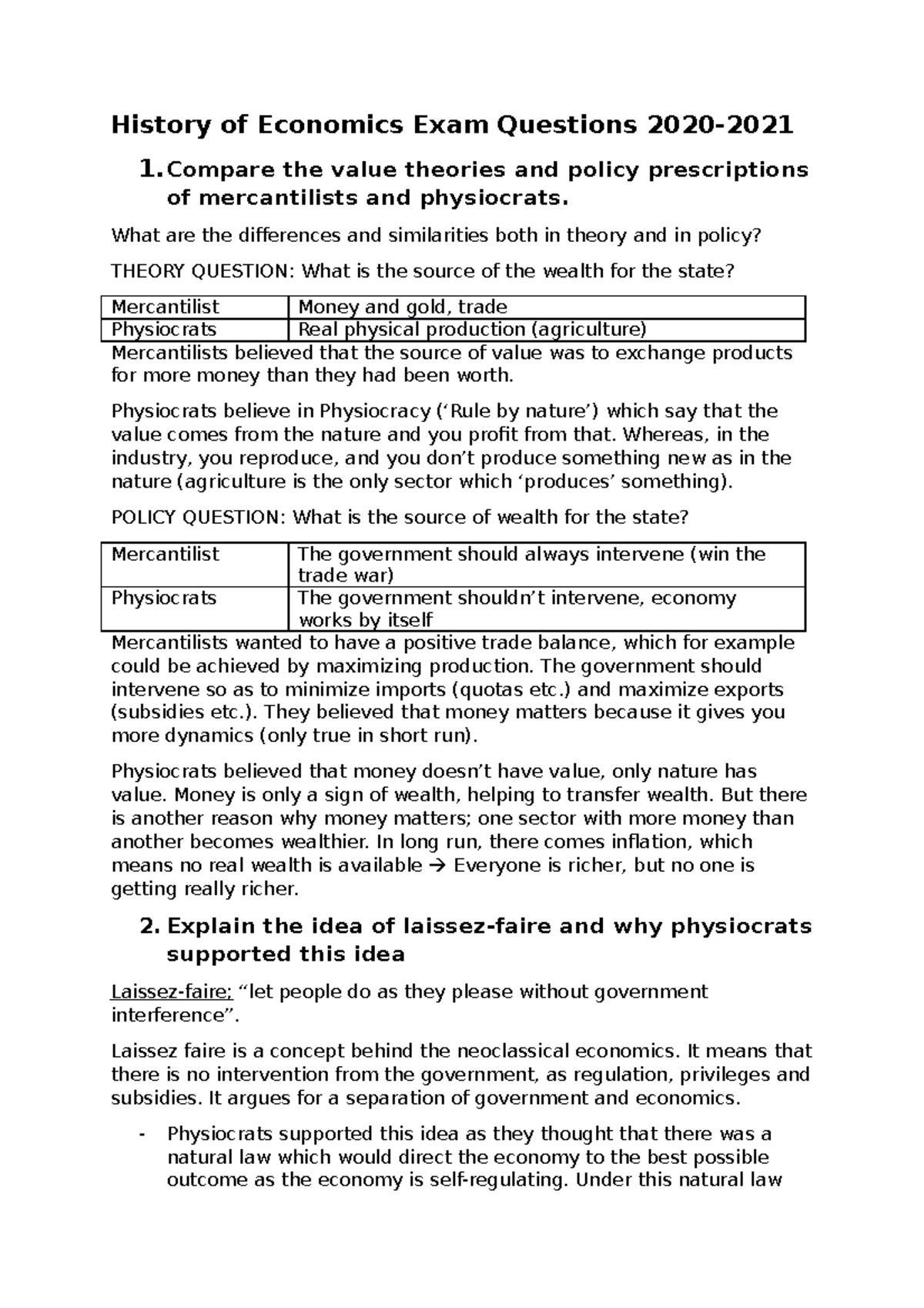 Exam Questions History of Economics - Radboud Universiteit - Studeersnel
