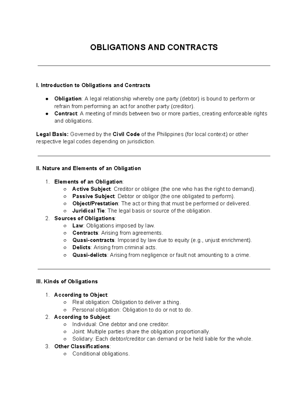 Obligations and Contracts - Overview and Key Concepts Notes - Studocu