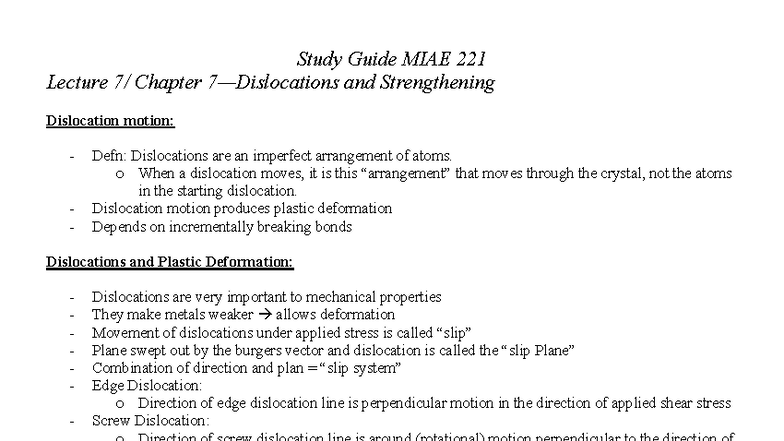 Study Guide MIAE 221: Dislocations, Deformation, and Material Properties - Studocu