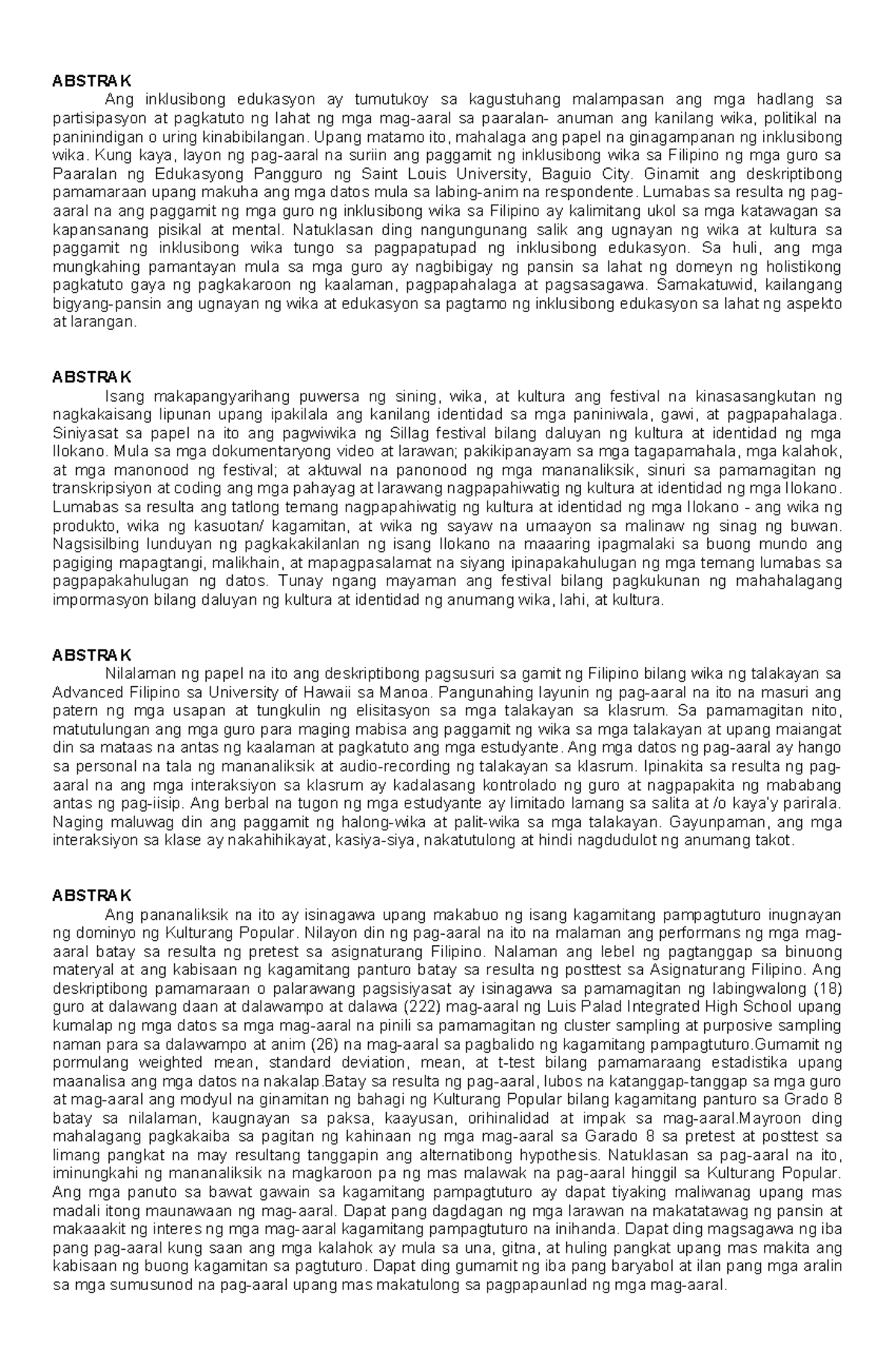 Mga Halimbawa ng Abstrak sa Inklusibong Edukasyon at Kulturang Popular ...