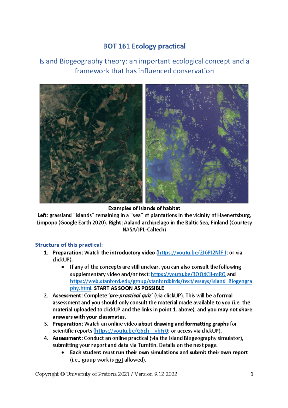 BOT 161 Ecology Practical 2: Understanding Island Biogeography Concepts ...
