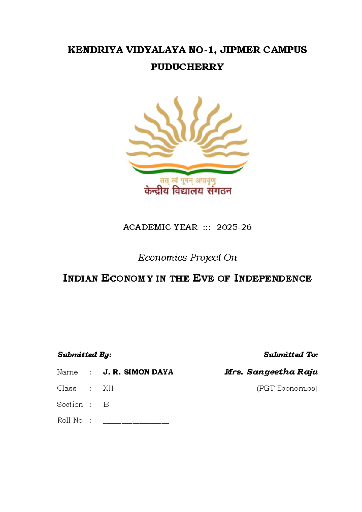 ECO XII Project Cover Page & Viva - JIPMER Campus - Studocu