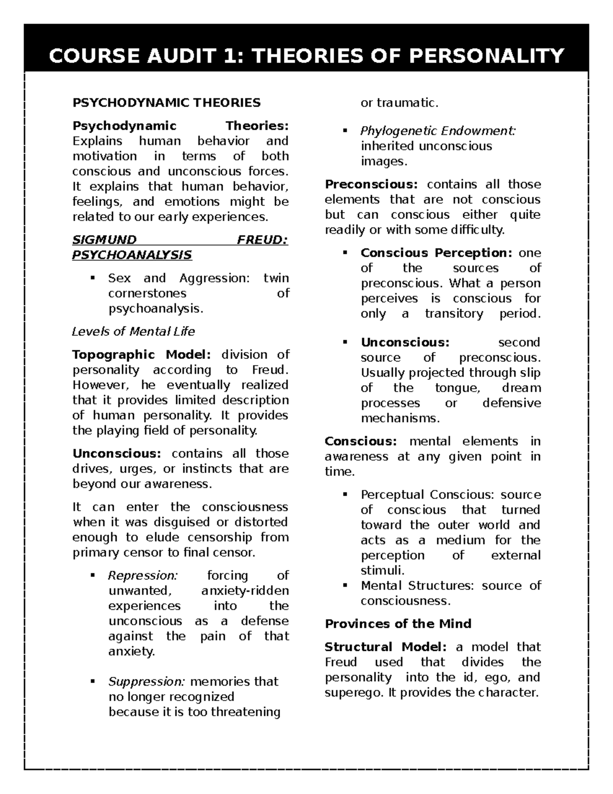 Theories of Personality - PSYCHODYNAMIC THEORIES Psychodynamic Theories ...