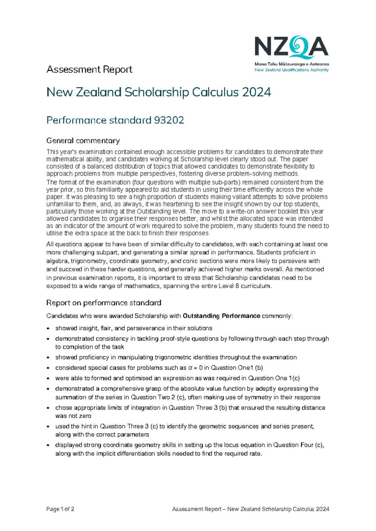 Scholarship Calculus Assessment Report 2024 - NCEA Performance Insights ...