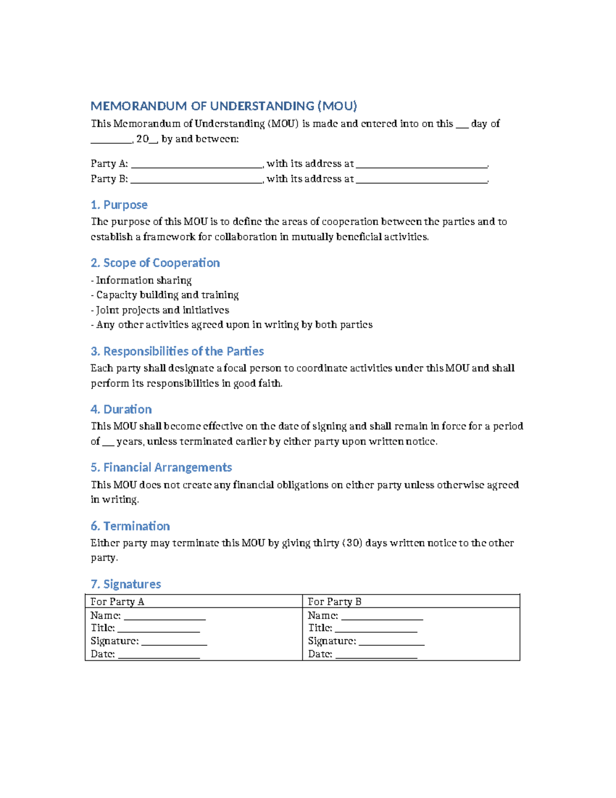 MOU Sample Document: Memorandum of Understanding Template - Studocu