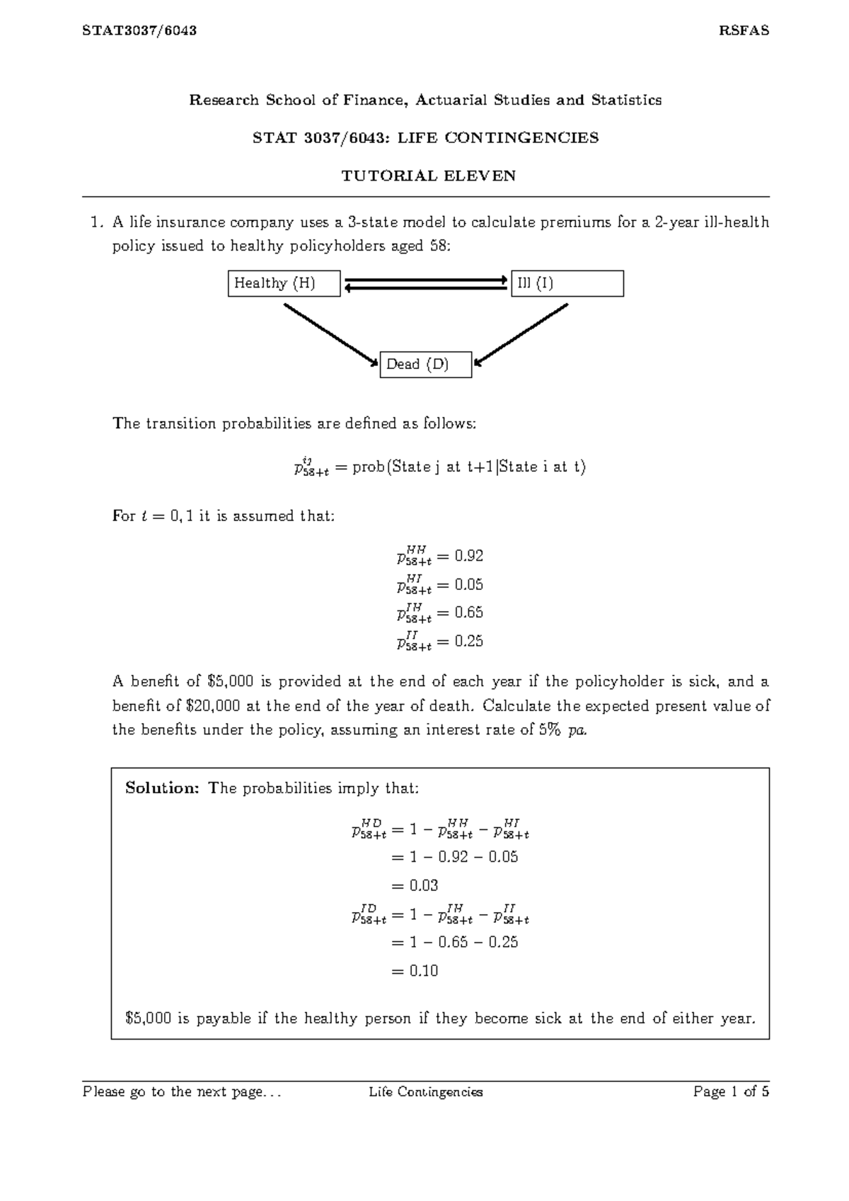 STAT Tutorial 11 Solutions: Life Contingencies Analysis - Studocu