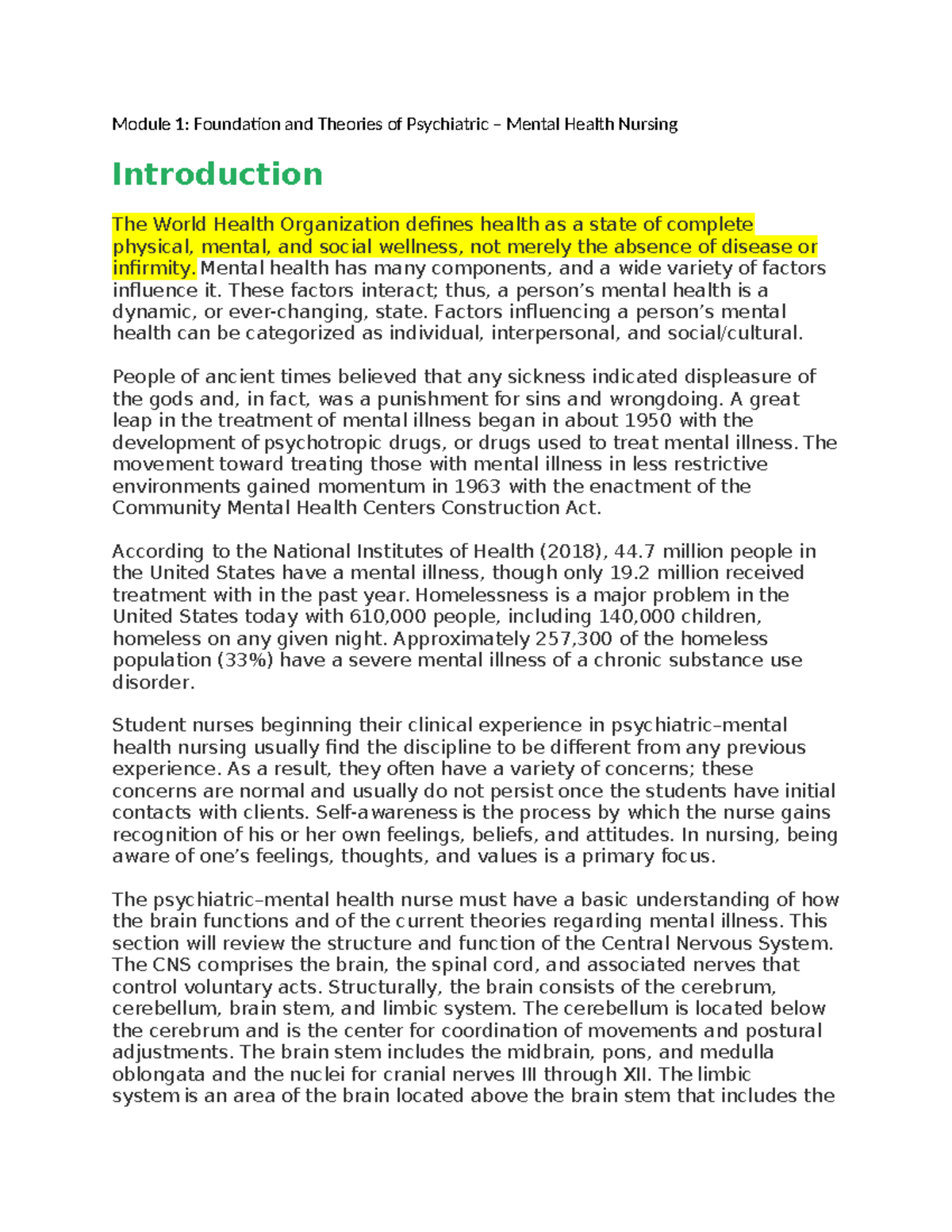 NSG221 - Module 1: Foundations of Mental Health Nursing and Treatment ...