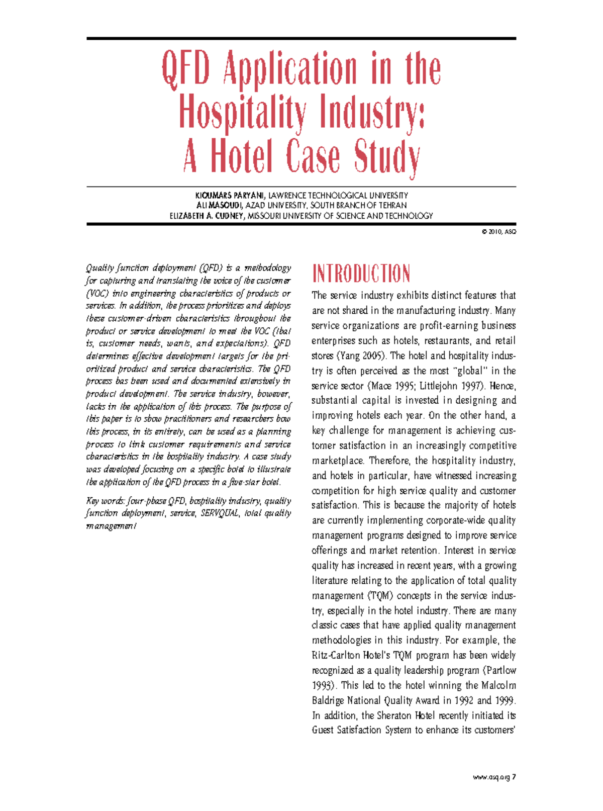 QFD Application in Hospitality: A Hotel Case Study Analysis - Studocu